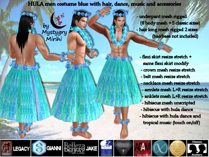 Second Life Marketplace Hula Men Costume Blue Hairdancemusic